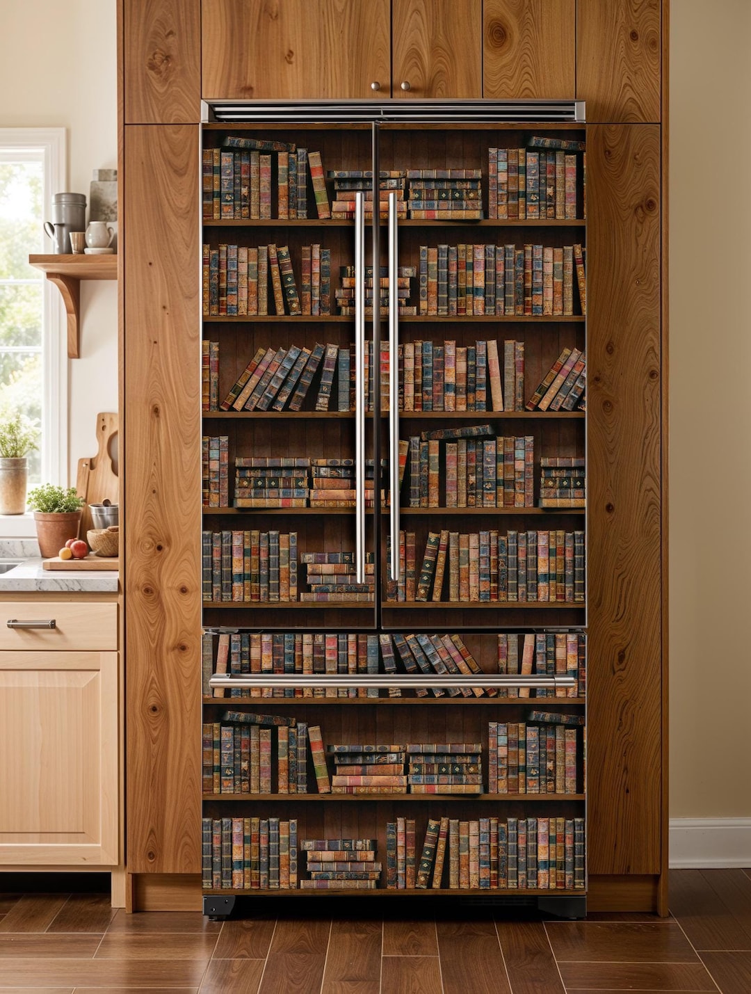 Vintage Bookcase Fridge Wrap Vinyl Refrigerator Wrap Brown Fridge Vinyl ...