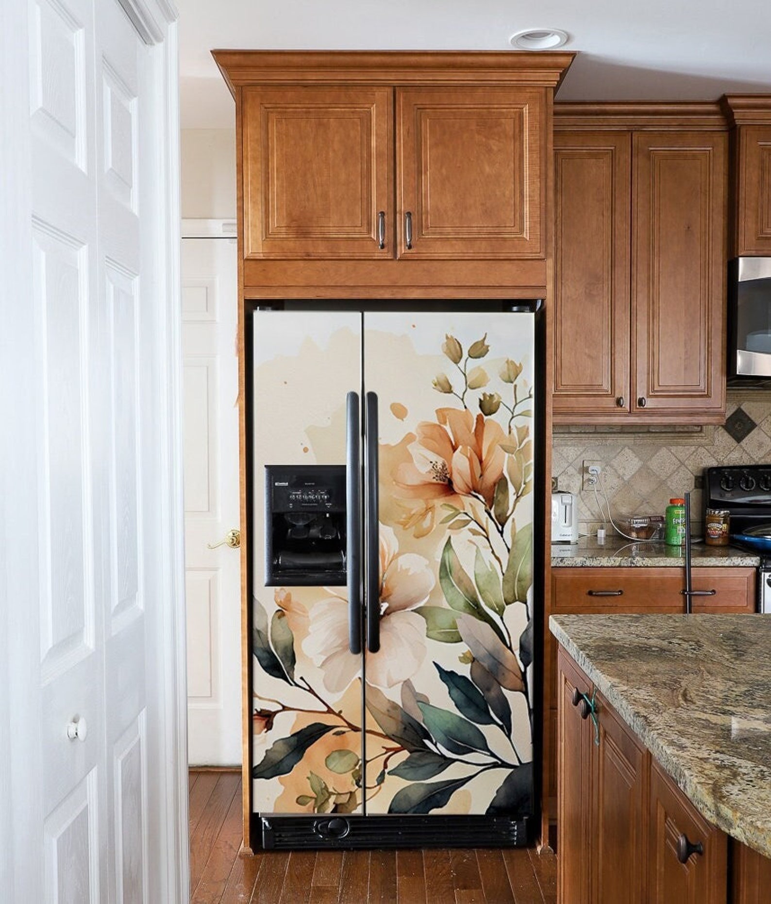 Fridge Wrap Floral Beige Refrigerator Wrap Vinyl Side by Side ...