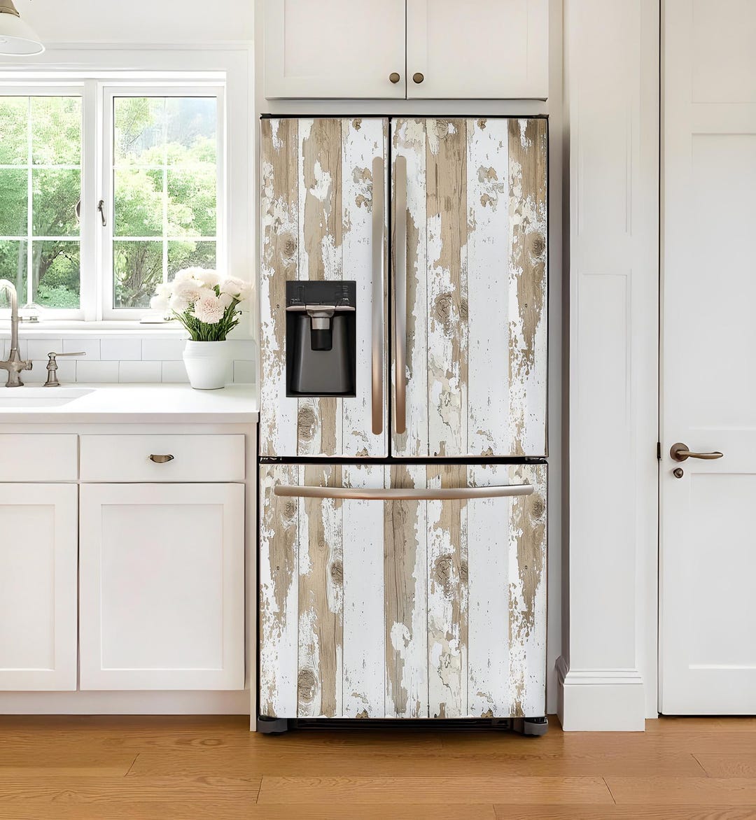 Fridge Wrap White Distressed Wood, Refrigerator Wrap Vinyl Side by Side ...