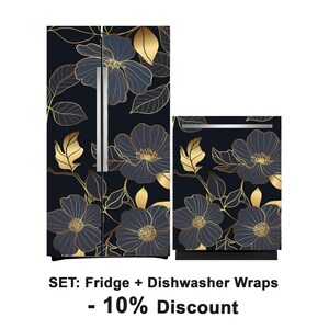 Fridge Wrap Vinyl Black Floral, Refrigerator Wrap Side by Side Gold ...