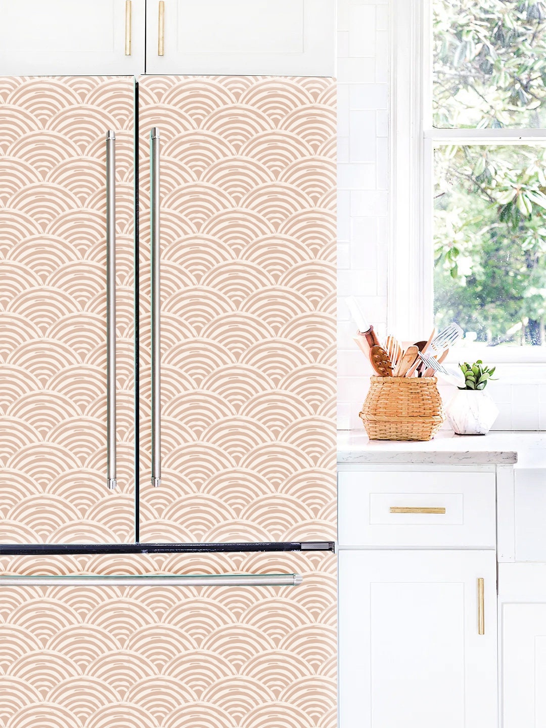 Beige Fridge Wrap Vinyl, Geometric Boho Refrigerator Wrap Side by Side ...