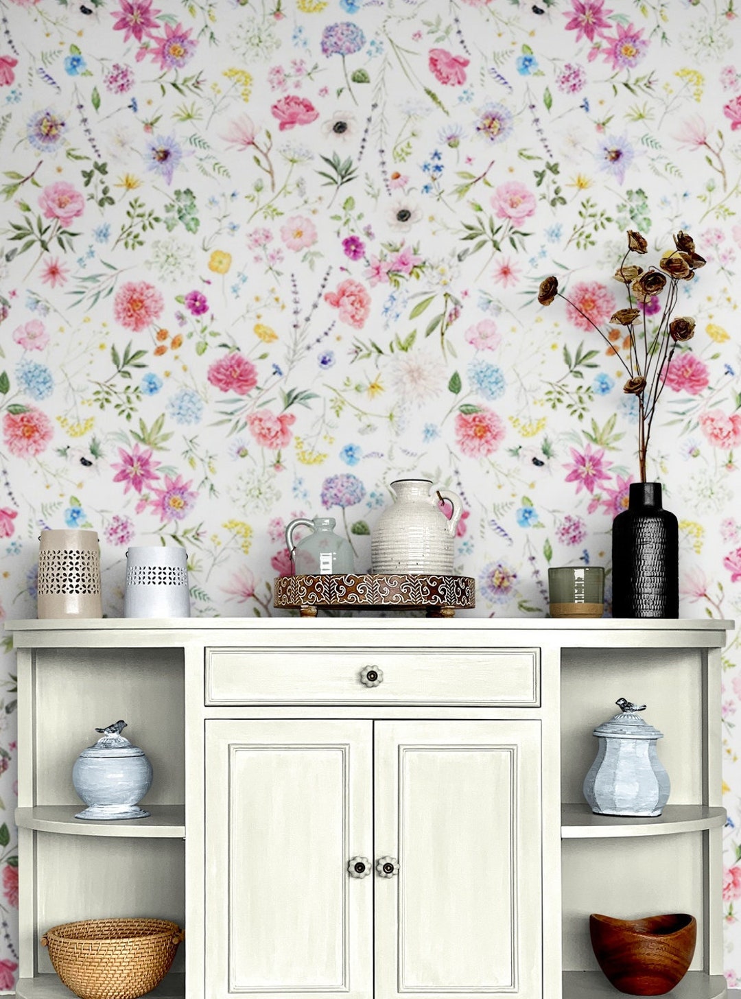 Wildflower Wallpaper for Kitchen, Watercolor Floral Wallpaper Peel ...