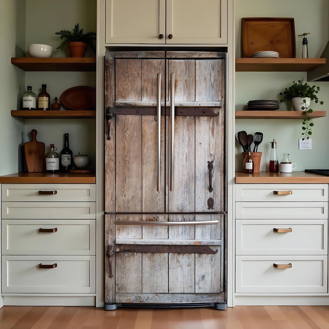 Fridge Wrap Barn Door, Farmhouse Refrigerator Wrap Vinyl Side by Side ...