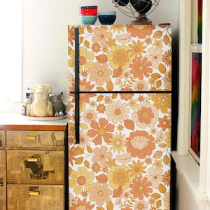 Fridge Wrap Retro Floral, Boho Refrigerator Wrap Vinyl Side by Side ...