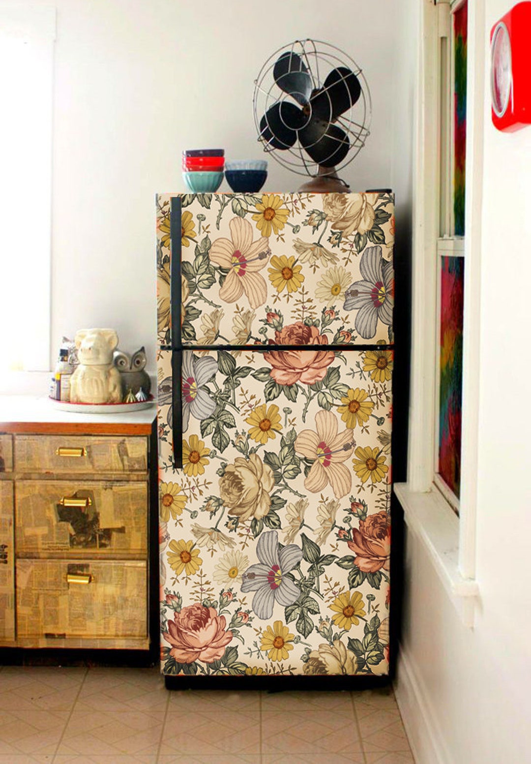 Boho Fridge Wrap Vintage Floral Refrigerator Wrap Vinyl Side by Side ...