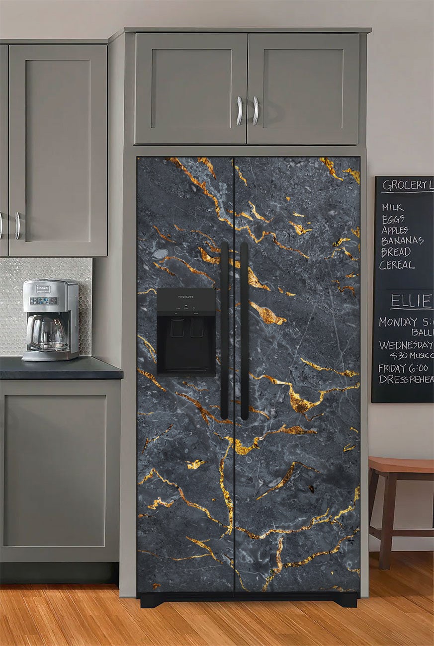 Fridge Wrap Black Marble, Side by Side Fridge Decal Vinyl Self Adhesive ...