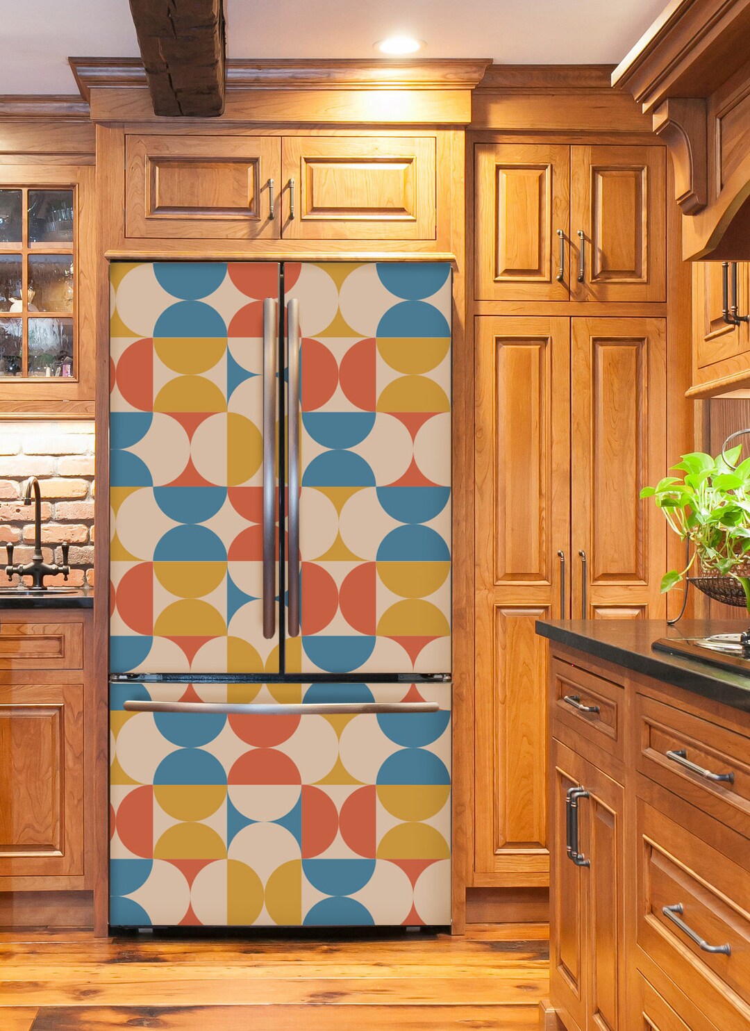 Geometric Retro Fridge Wrap, Refrigerator Wrap Side by Side, Decorative ...
