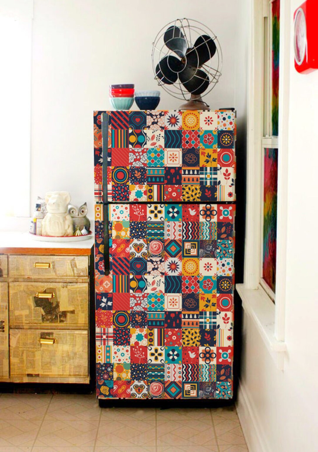 Farmhouse Refrigerator Wrap Side by Side Retro Style Patchwork Fridge ...