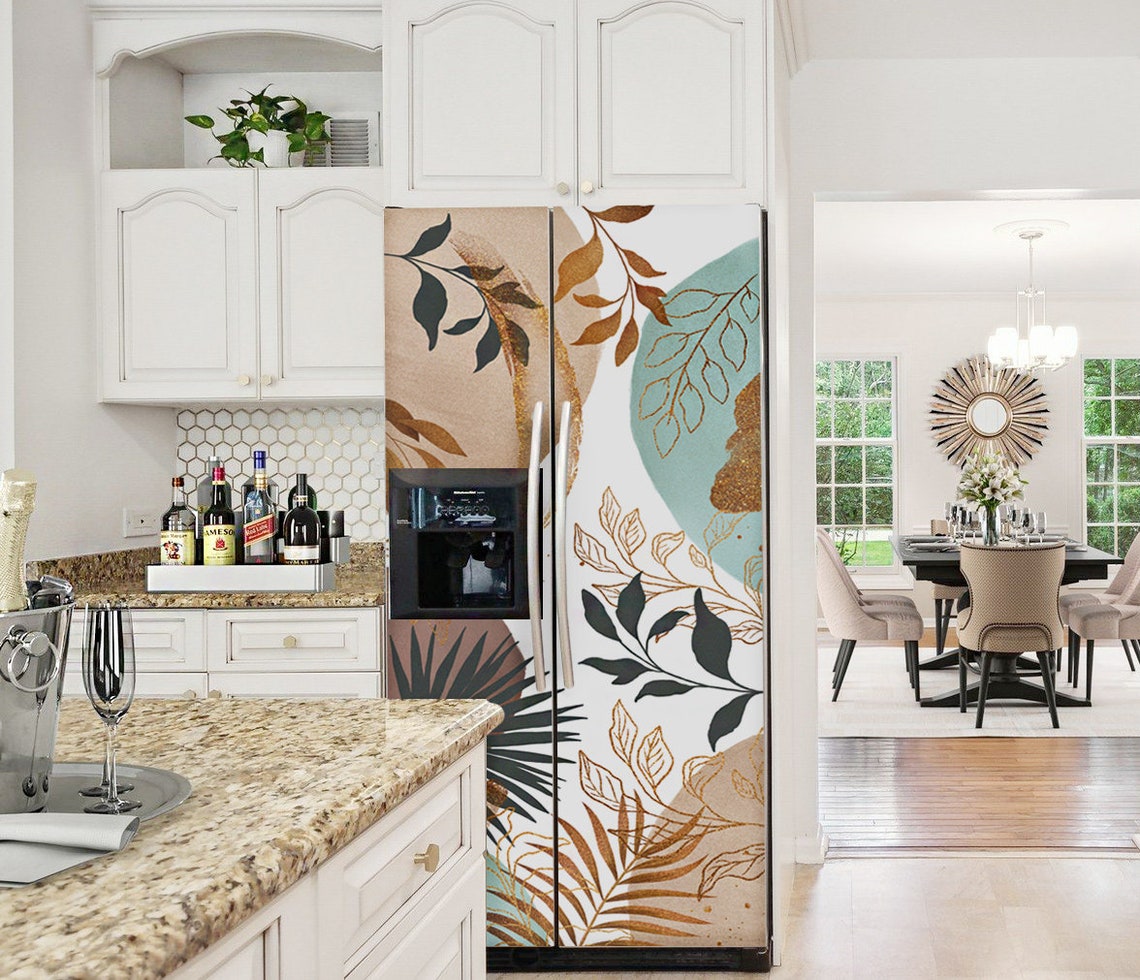 Boho Fridge Wrap Leaves, Refrigerator Wrap Vinyl Side by Side, Brown ...