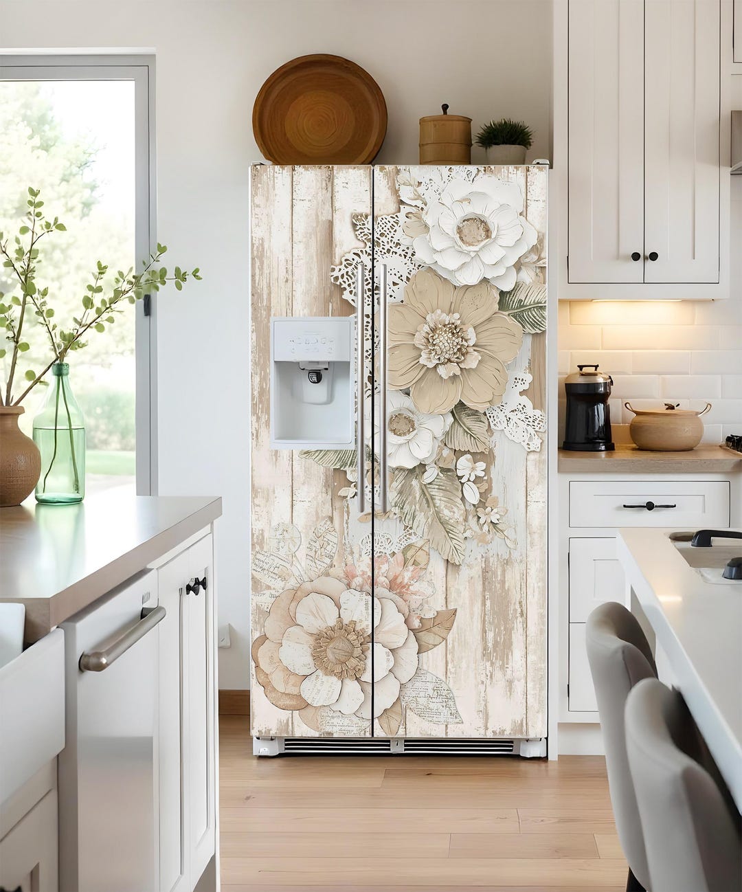 Fridge Wrap Floral Beige, Refrigerator Wrap Vinyl Side by Side Top ...