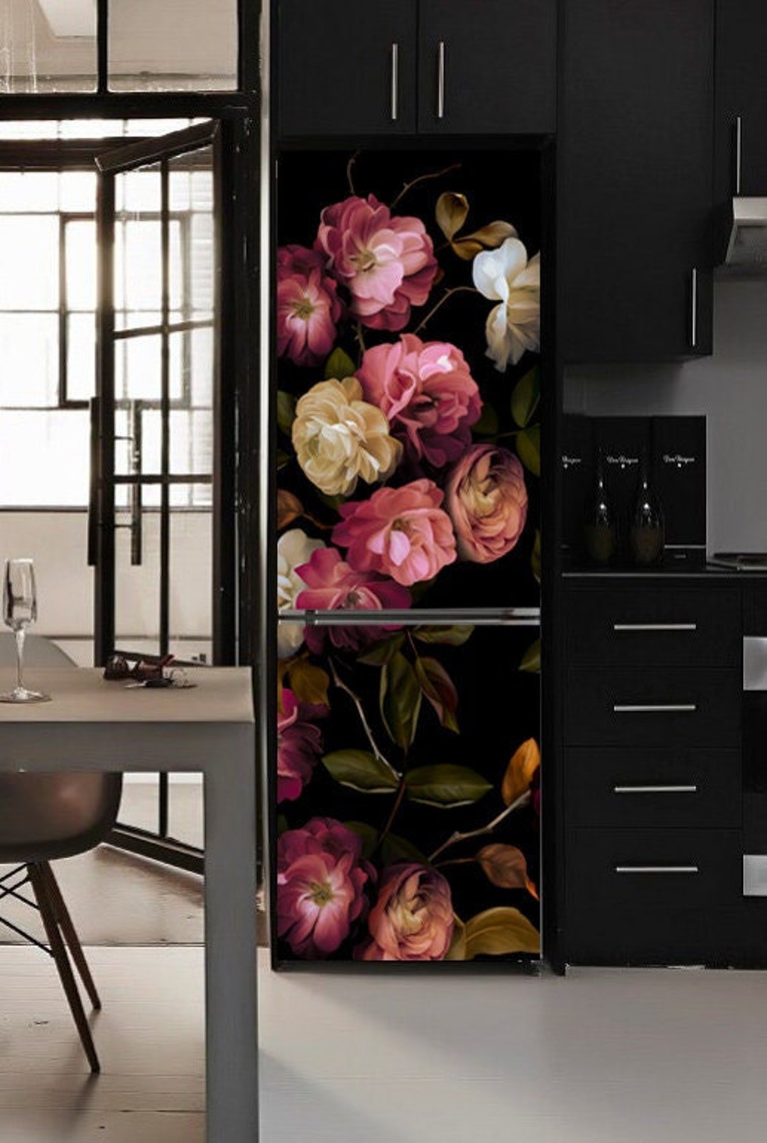 Floral Fridge Wrap Vintage Refrigerator Wrap Vinyl Side by Side Black ...