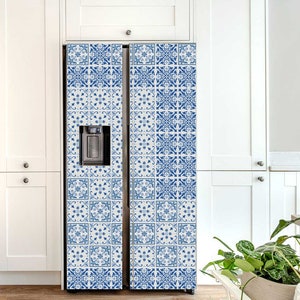 Blue Tiles Fridge Wrap Side by Side Refrigerator Decals Vinyl Wrap Top ...