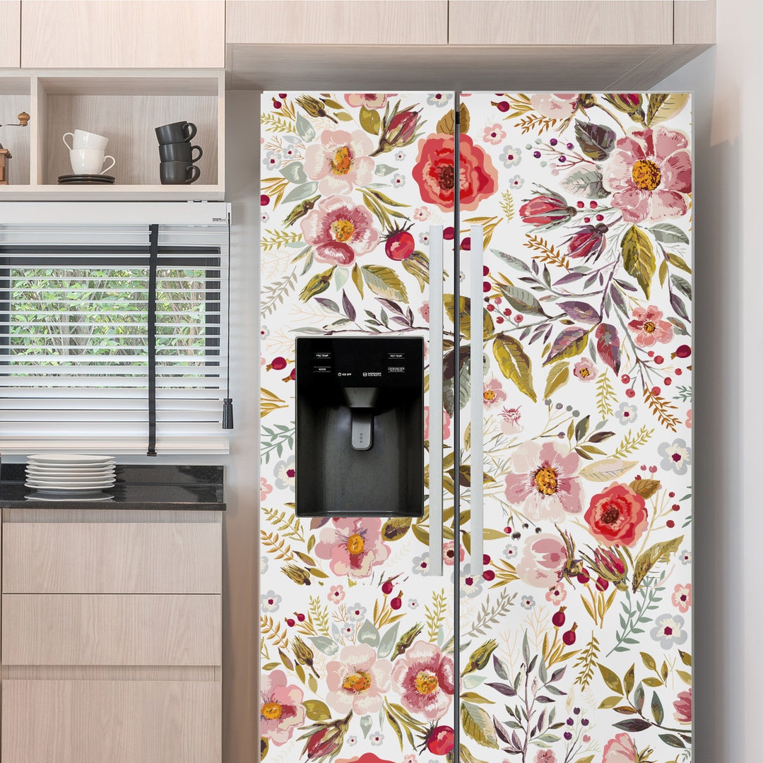 Fridge Wrap Floral, Refrigerator Wrap Vinyl Top Bottom Side by Side ...