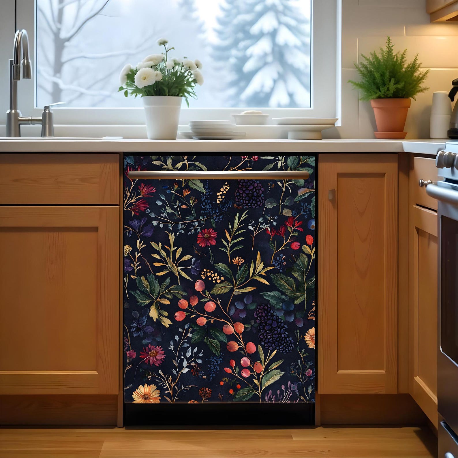 Fridge Wrap Dark Blue Botanical Vintage, Refrigerator Wrap Vinyl Side ...
