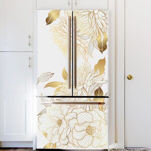 Floral Fridge Wrap Vinyl, Refrigerator Wrap Side by Side Gold White ...
