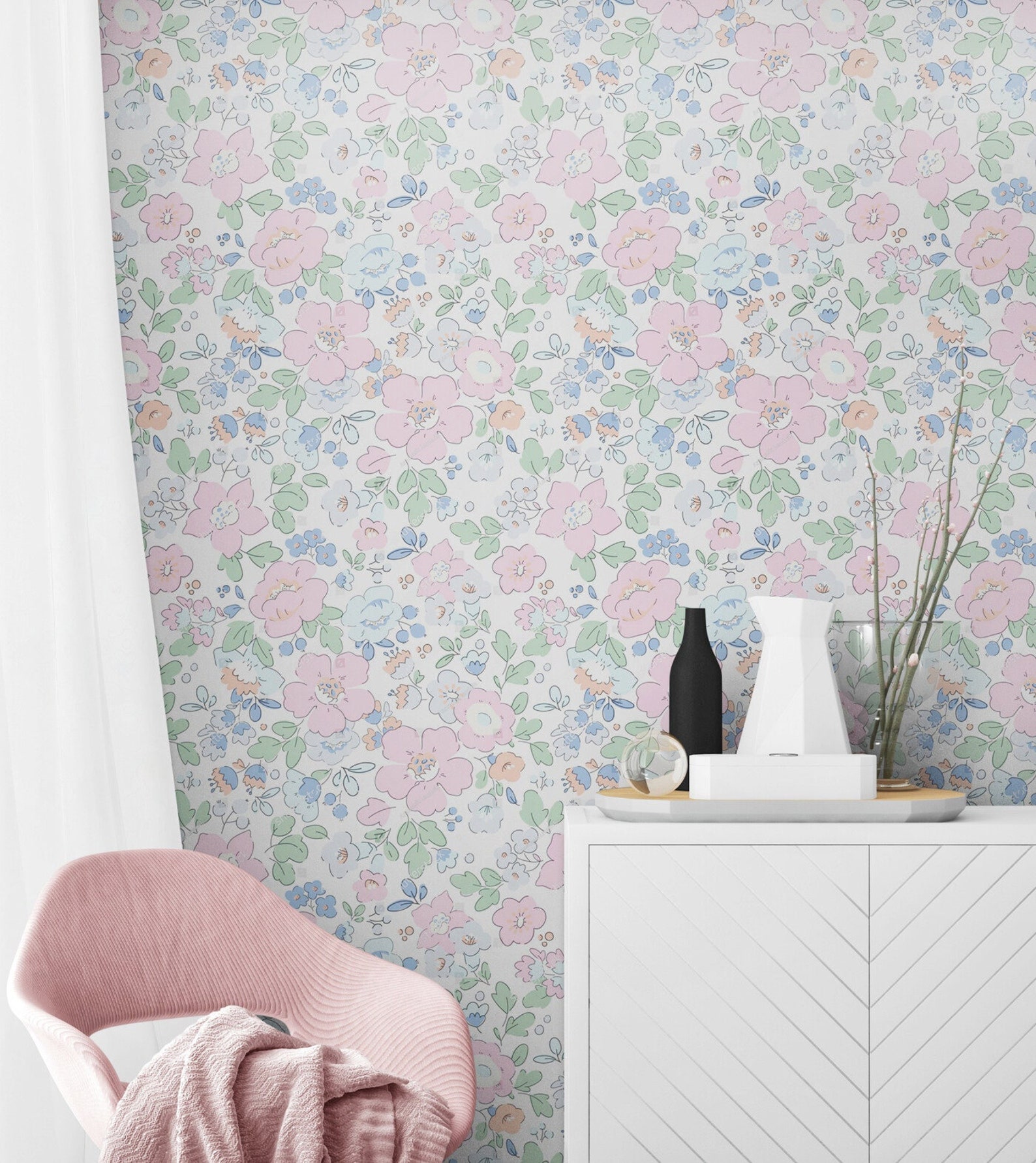 Pink Floral Wallpaper Nursery or Girls Room Flower Wallpaper - Etsy