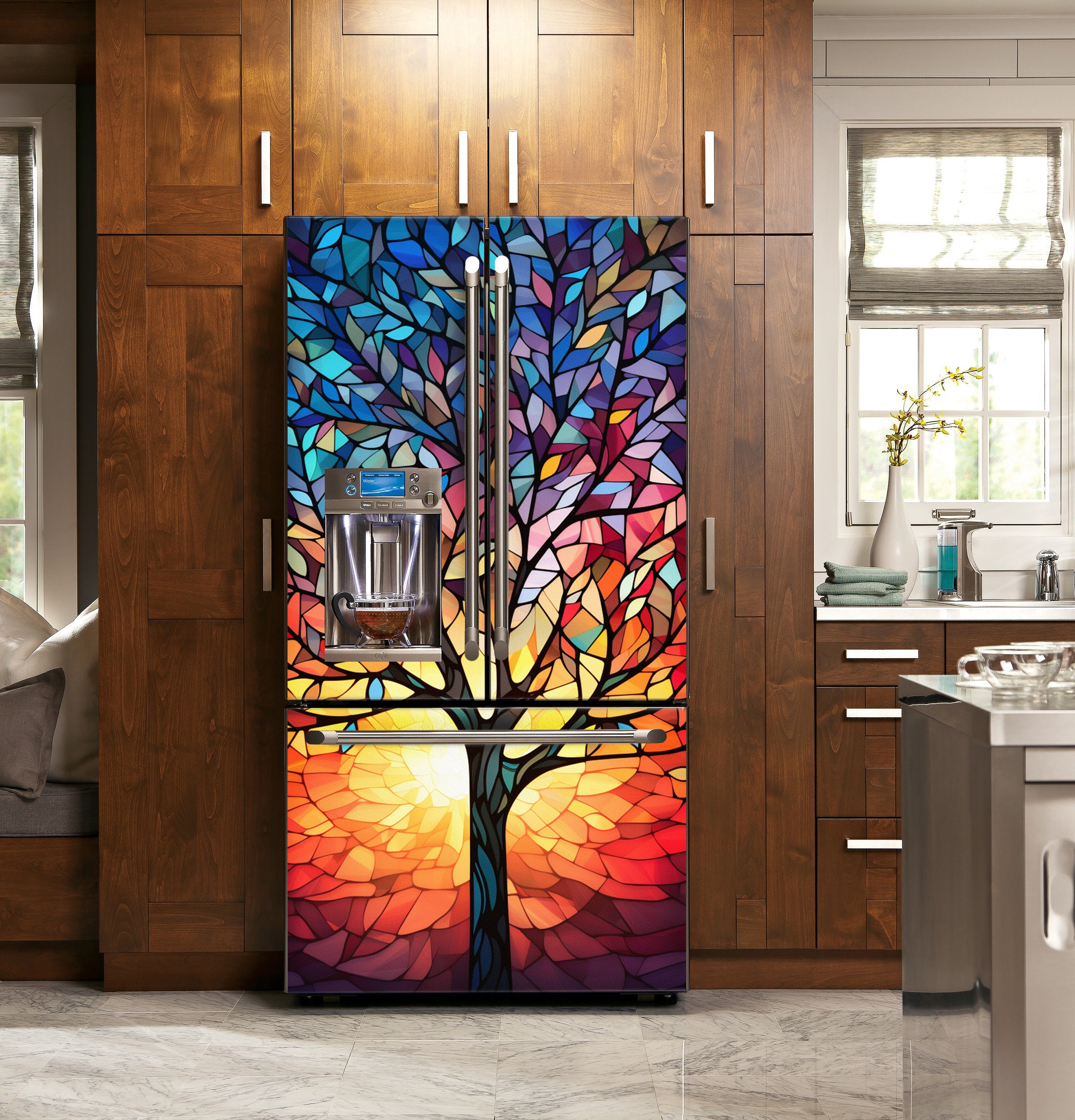 Fridge Wrap Stained Glass Tree, Refrigerator Wrap Side by Side Vinyl ...