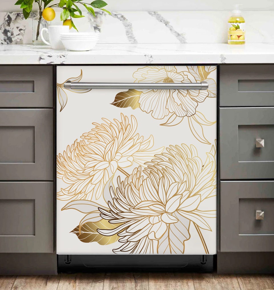 Floral Fridge Wrap Vinyl, Refrigerator Wrap Side by Side Gold White ...