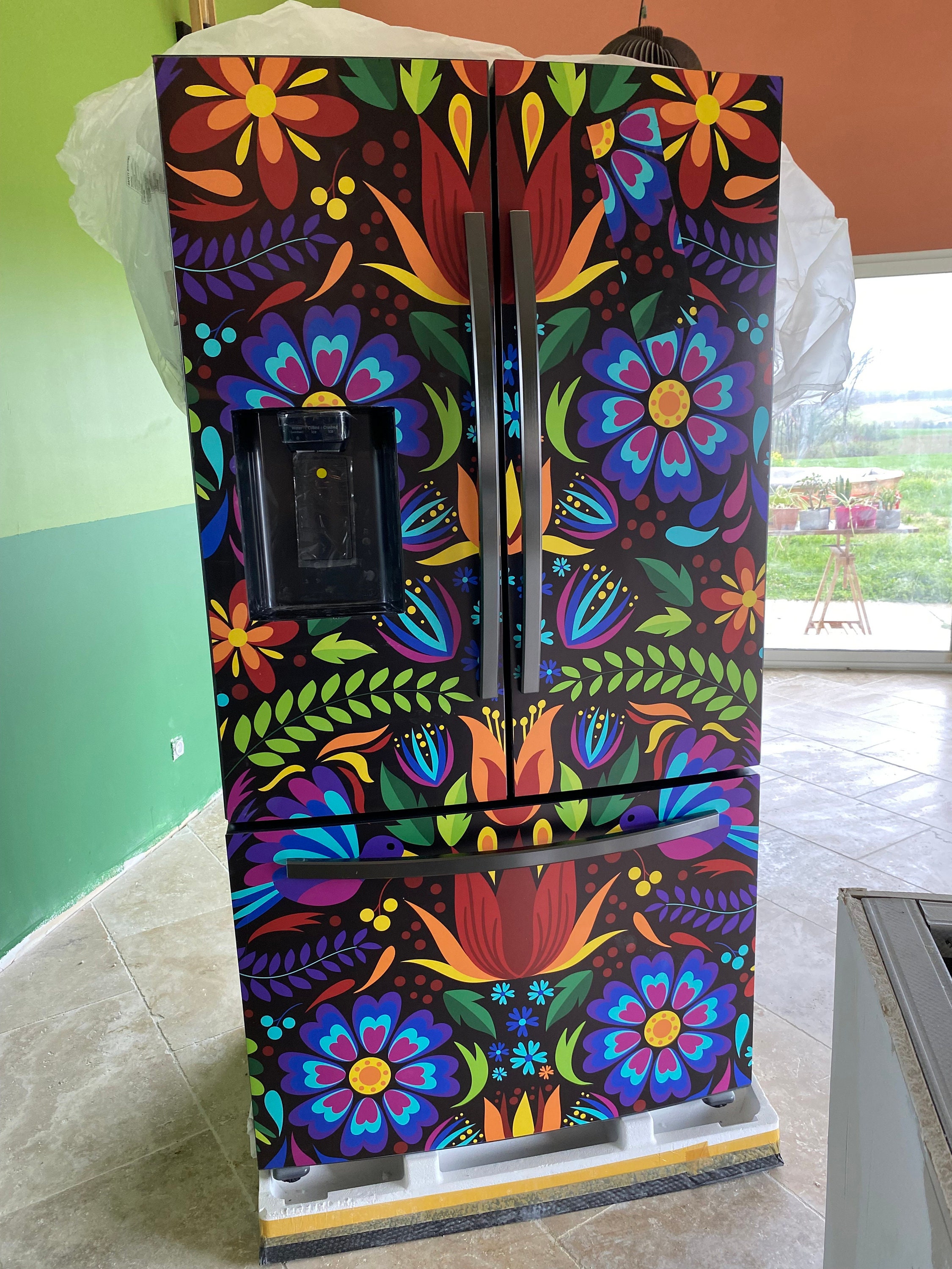 Fridge Wrap Vinyl Floral Folk Art, Refrigerator Wrap Side by Side ...