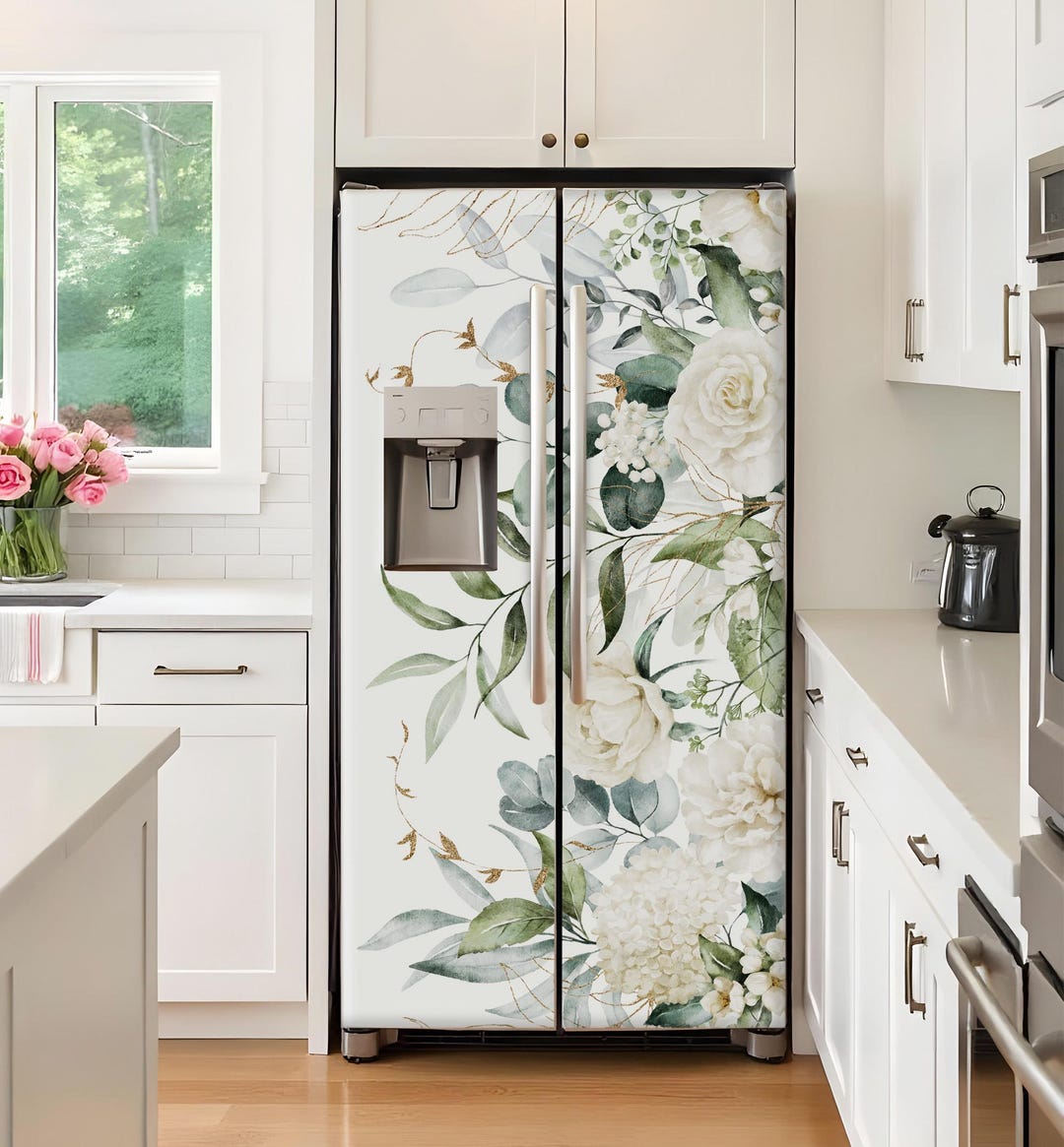 Fridge Wrap Vinyl Floral, Refrigerator Wrap Side by Side, Fridge Decals ...