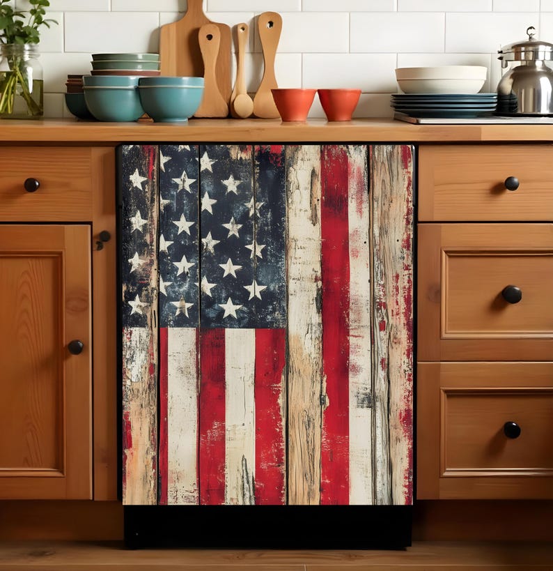 Retro US Flag Fridge Wrap, Refrigerator Wrap Side by Side American Flag ...