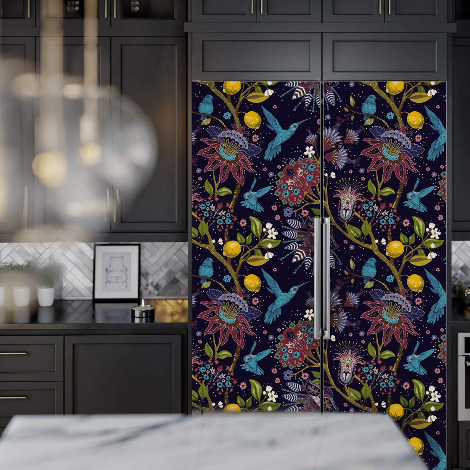 Refrigerator Wrap Side by Side Floral, Vintage Fridge Wrap Vinyl ...