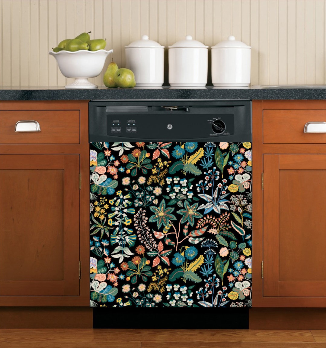 Dishwasher Magnet Cover Vintage Floral, Retro Dark Botanical Kitchen ...