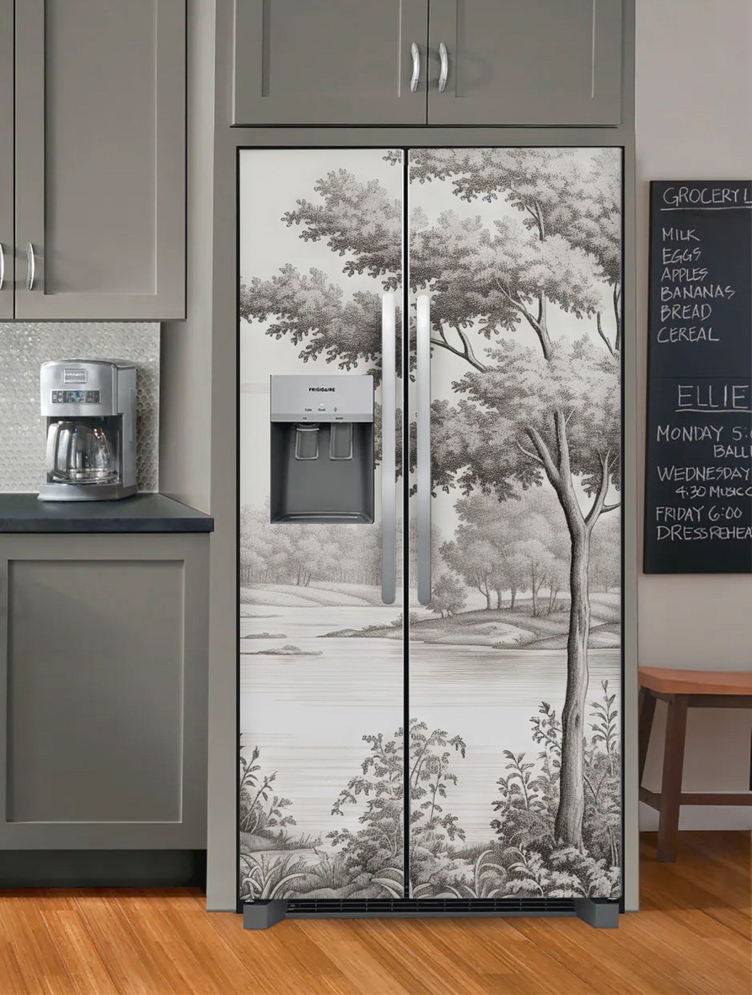 Vintage Fridge Wrap Black White Landscape, Refrigerator Wrap Vinyl Side ...