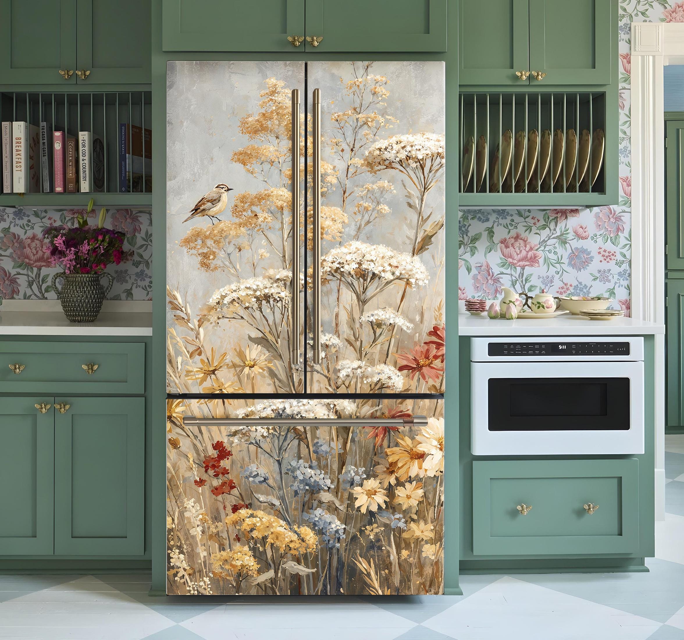 Fridge Wrap Floral Vinyl, Refrigerator Wrap Side by Side, Fridge Decals ...