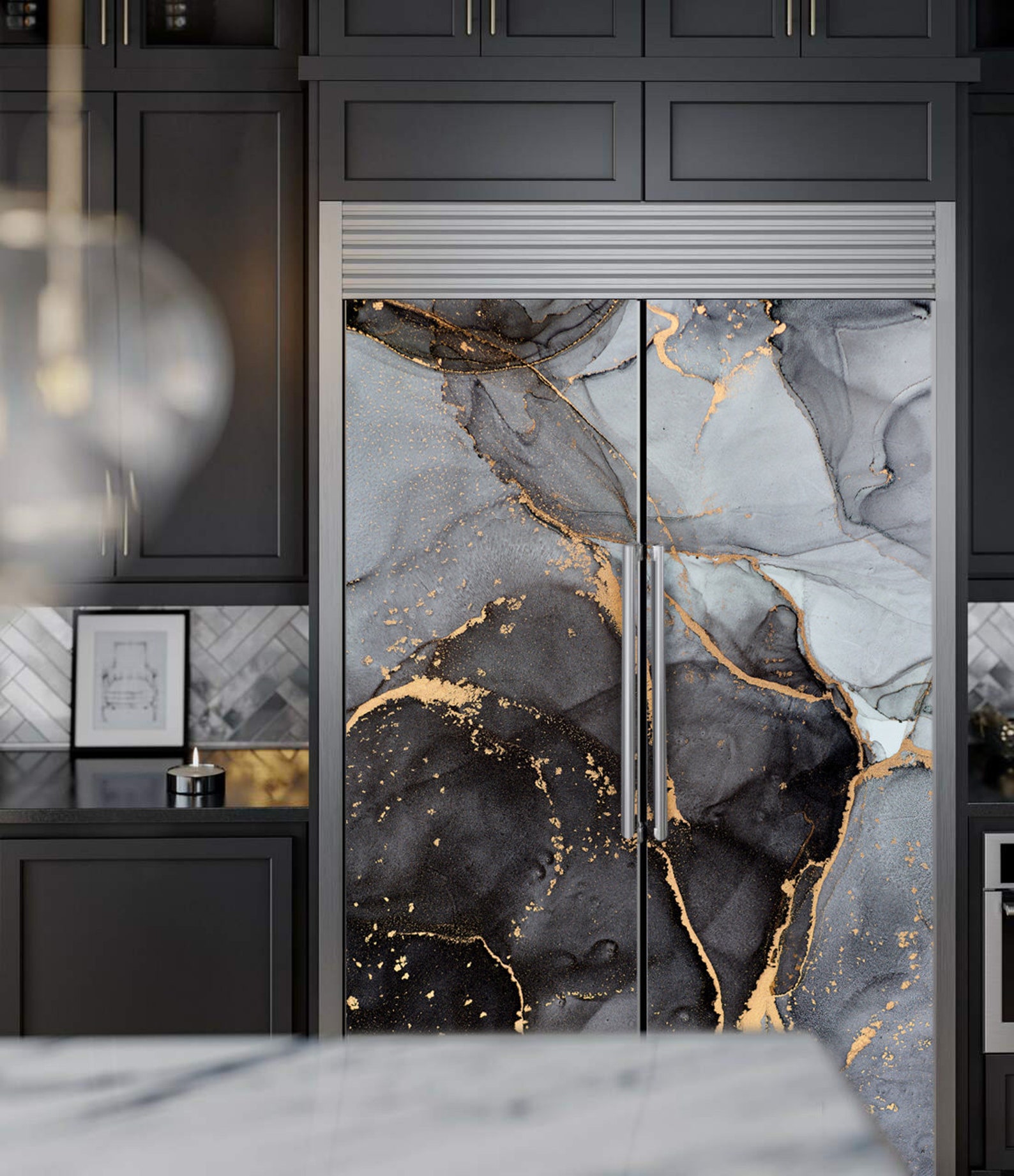 Marble Fridge Wrap Black Gold, Luxury Refrigerator Vinyl Decal, Modern ...