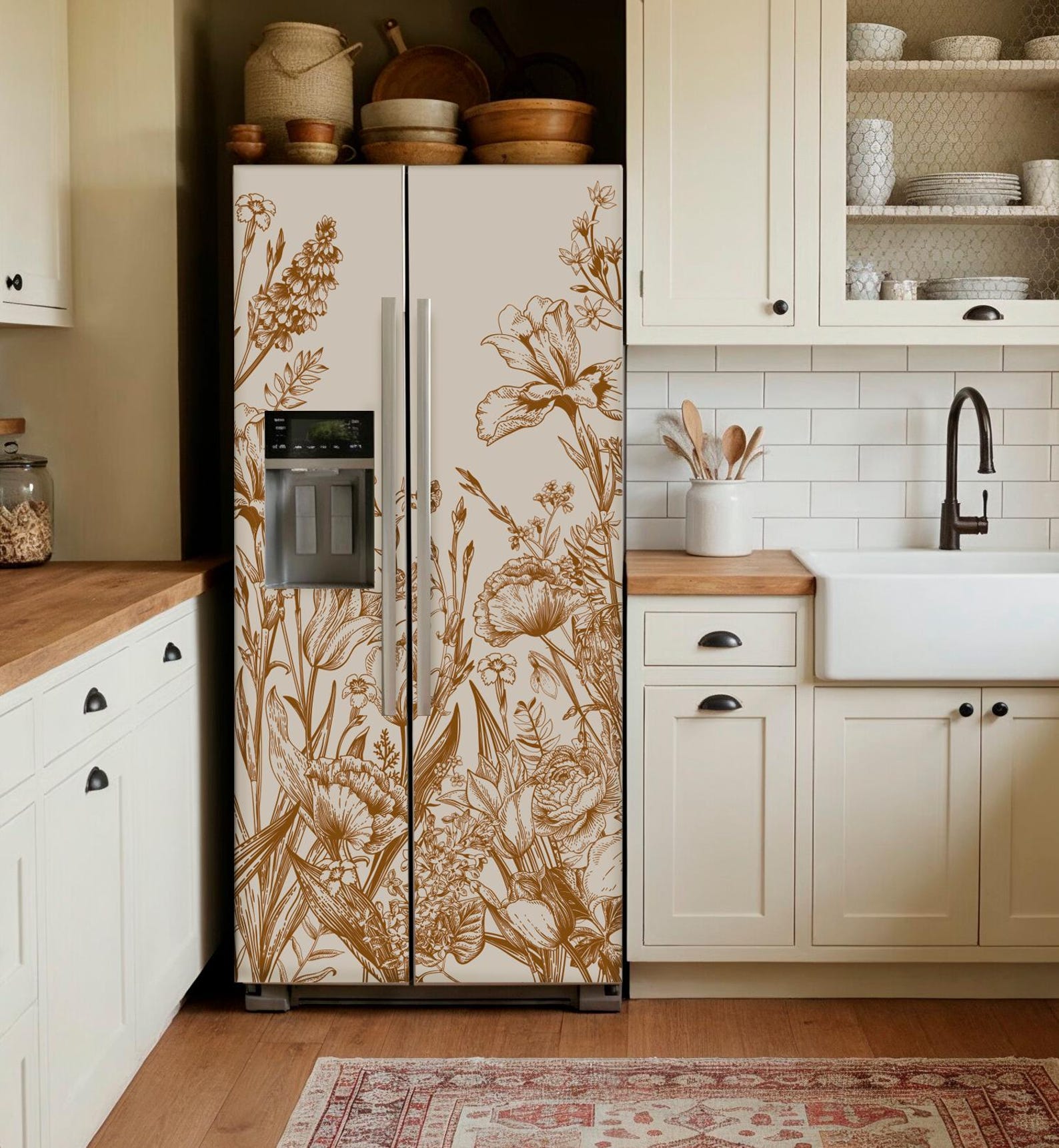 Vintage Floral Fridge Wrap Beige, Removable French Door Refrigerator ...