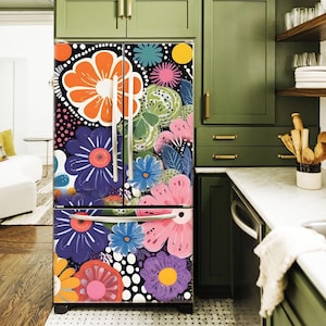 Floral Fridge Wrap Vinyl, Refrigerator Wrap Side by Side Colorful ...
