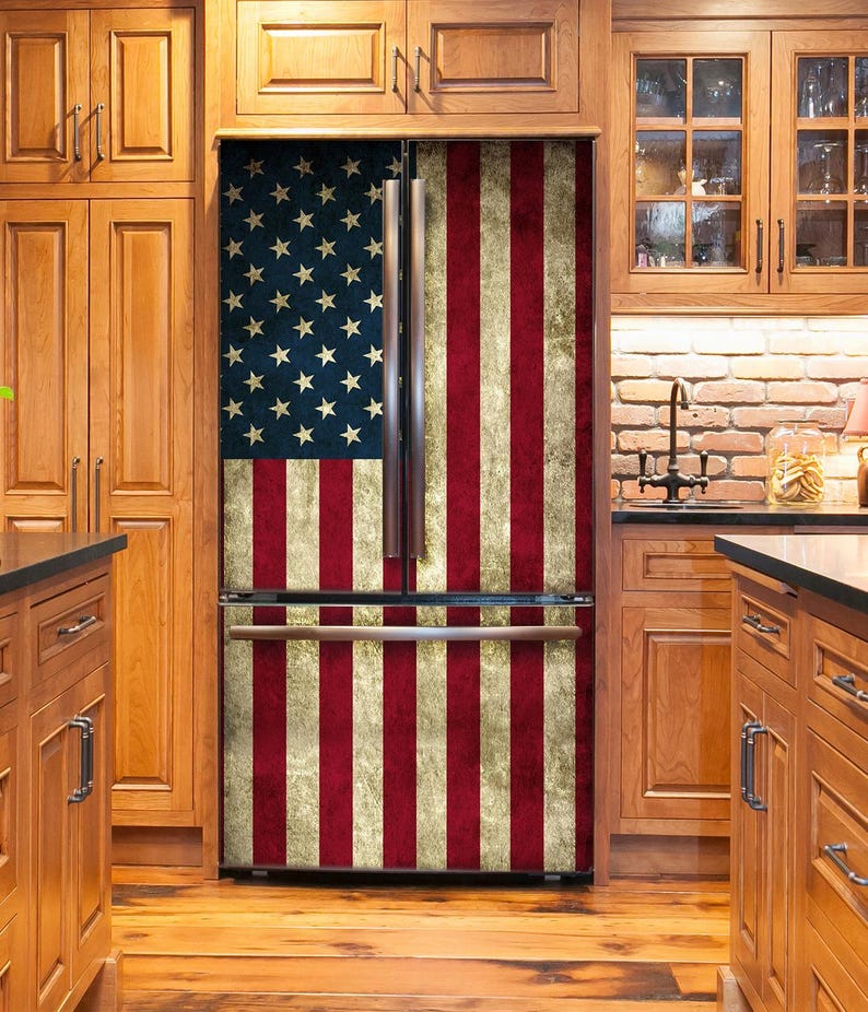 Retro US Flag Fridge Wrap, Refrigerator Wrap Side by Side American Flag ...