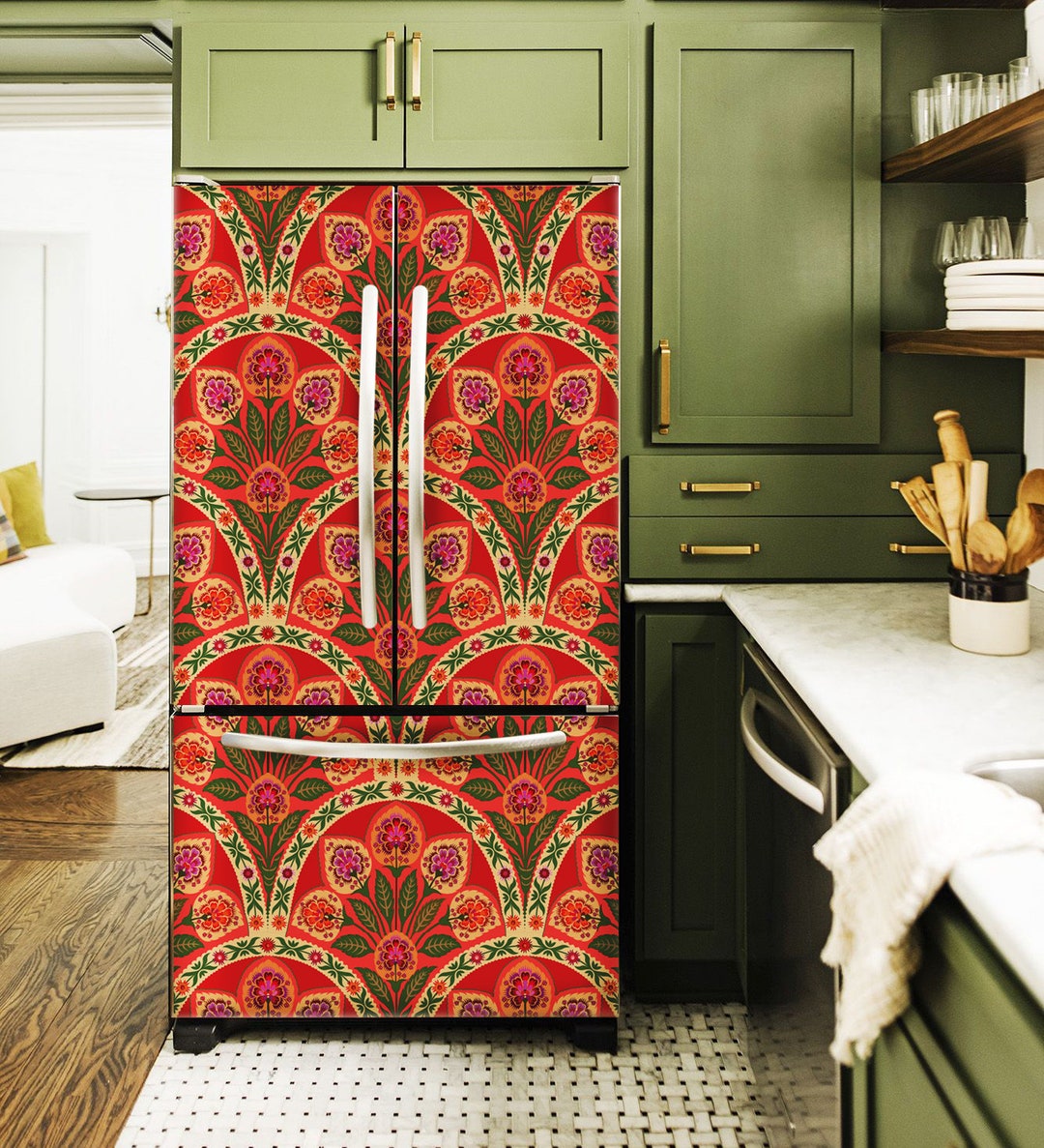 Art Floral Fridge Wrap Retro Refrigerator Wrap Vinyl Side by Side Red ...