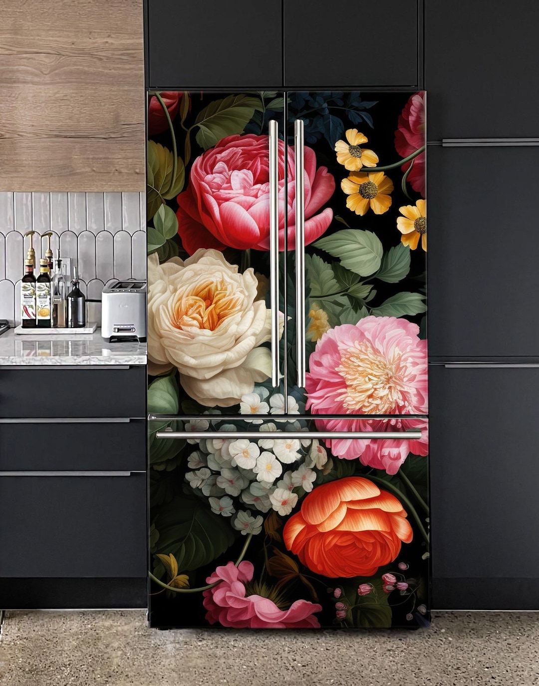 Refrigerator Wrap Floral Vintage Fridge Wrap Vinyl Side by Side Black ...