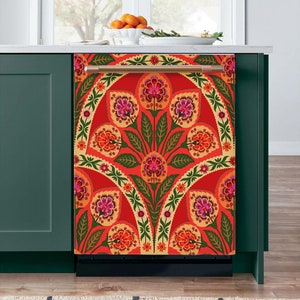 Art Deco Floral Fridge Wrap, Red Refrigerator Wrap Vinyl Side by Side ...