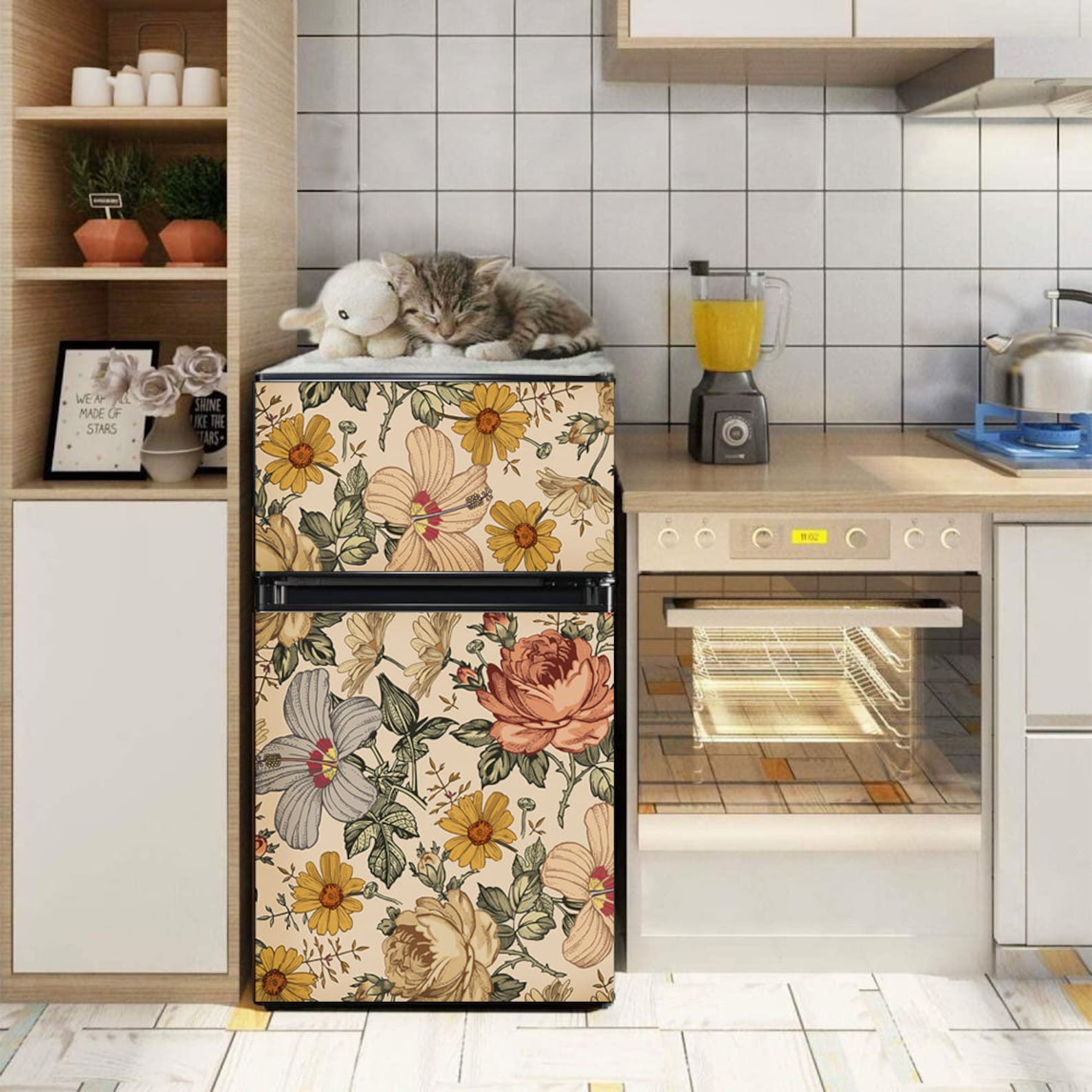 Boho Fridge Wrap Vintage Floral Refrigerator Wrap Vinyl Side by Side ...