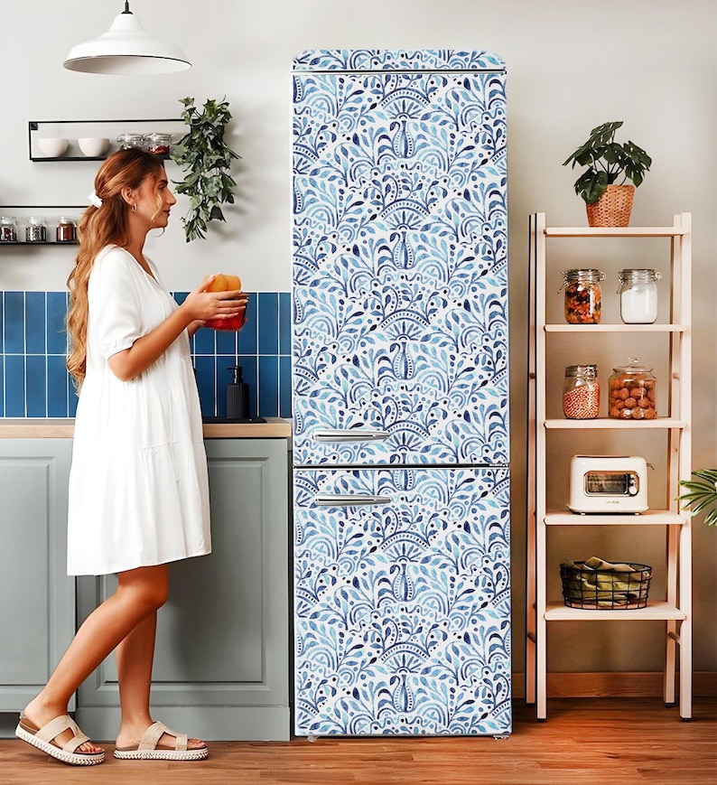 Coastal Blue Fridge Wrap, Side-by-side Refrigerator Vinyl Kitchen Decor ...