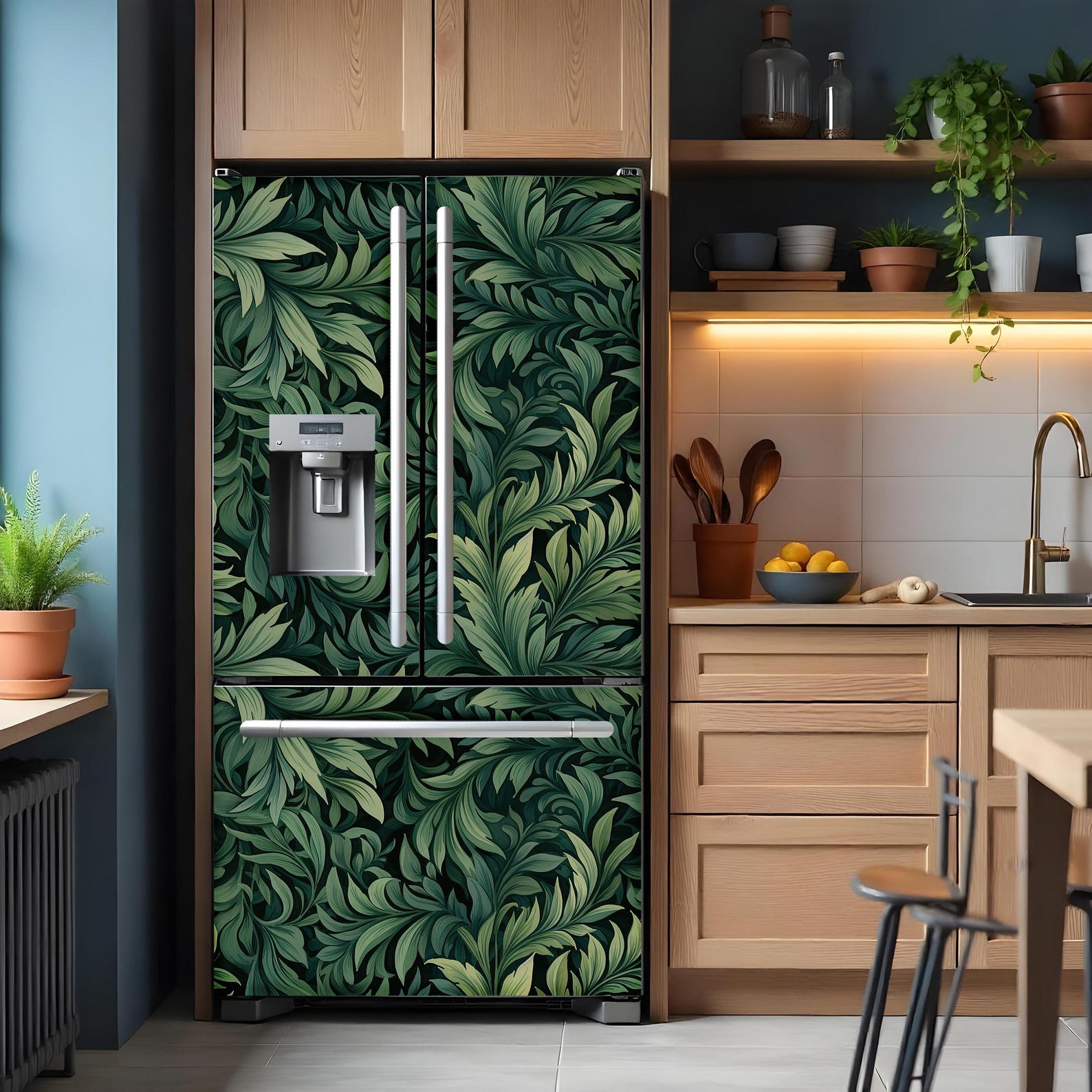 Fridge Wrap Green Leaf Vintage, Refrigerator Wrap Vinyl Side by Side ...