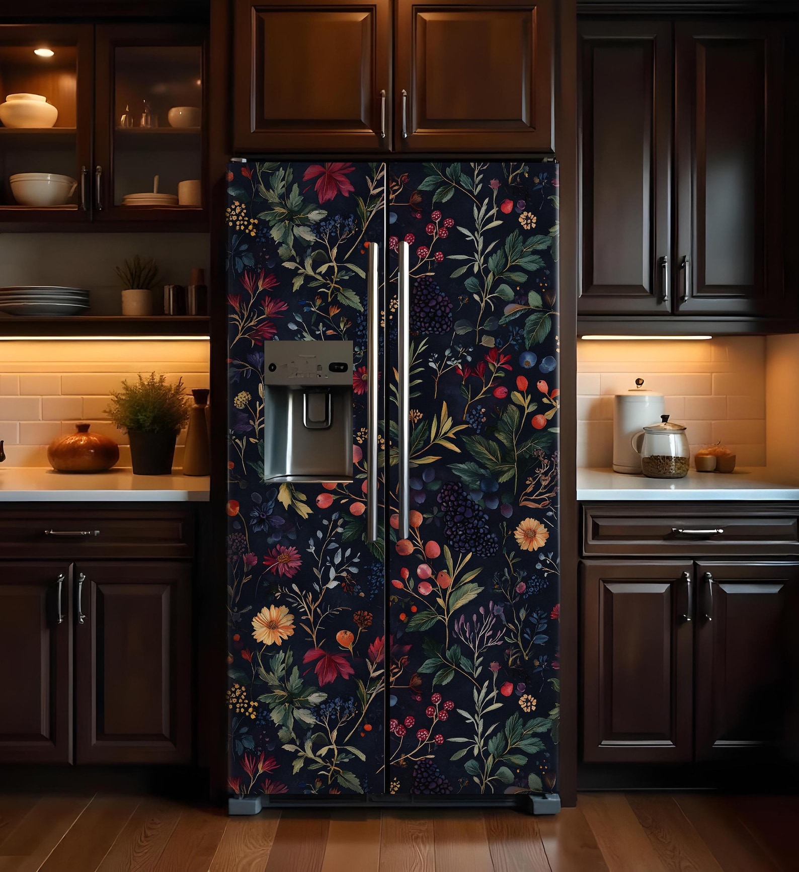 Fridge Wrap Dark Blue Botanical Vintage, Refrigerator Wrap Vinyl Side ...
