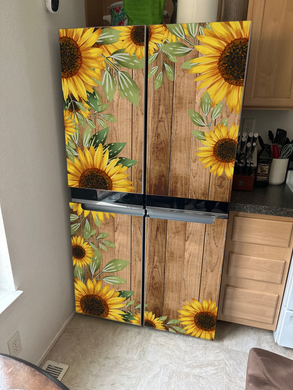 Farmhouse Fridge Wrap Sunflower on Wood, Refrigerator Vinyl Wrap ...