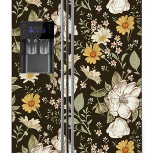 Fridge Wrap Vintage Floral Refrigerator Wrap Vinyl Side by Side Black ...