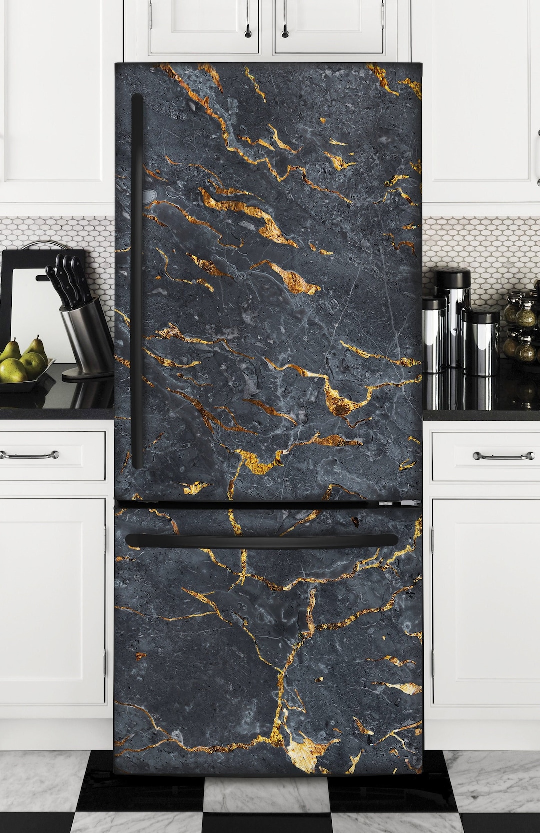 Fridge Wrap Black Marble, Side by Side Fridge Decal Vinyl Self Adhesive ...