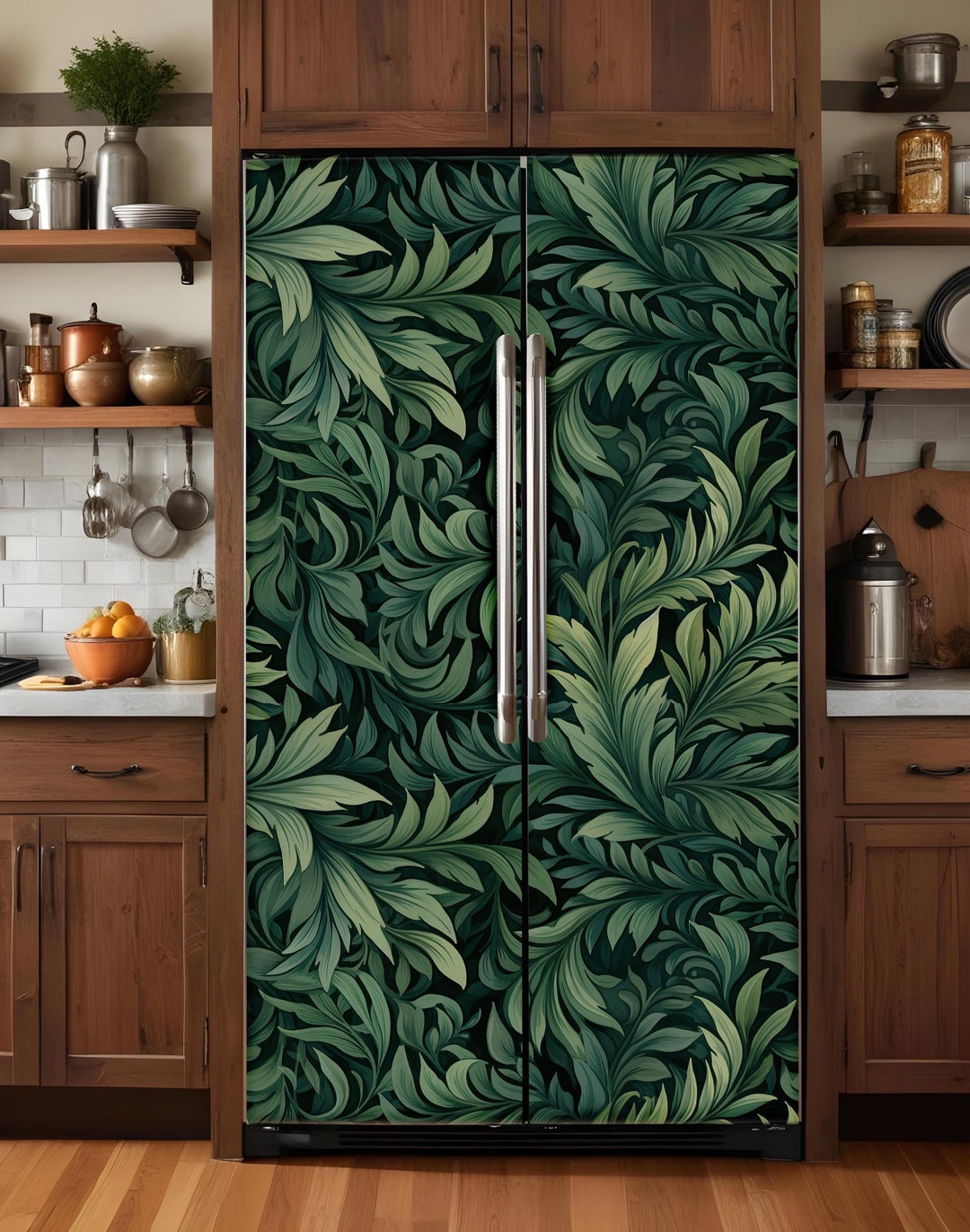Fridge Wrap Green Leaf Vintage, Refrigerator Wrap Vinyl Side by Side ...