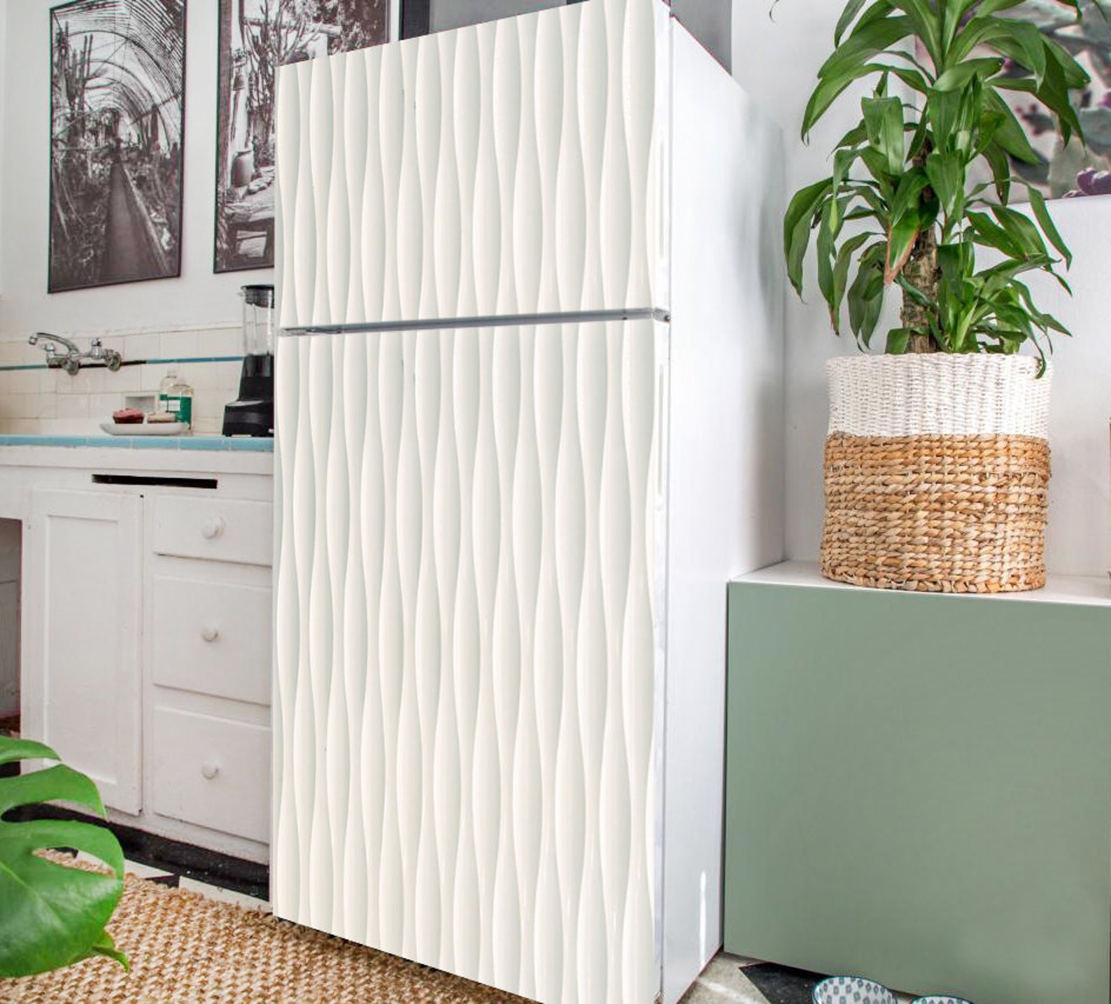 3D White Fridge Wrap Geometric Refrigerator Wrap Vinyl Side by Side Top ...