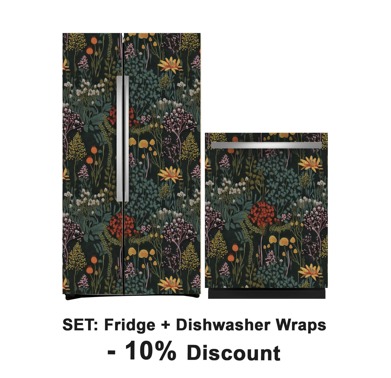 Fridge Wrap Dark Botanical Vintage, Refrigerator Wrap Vinyl Side by ...