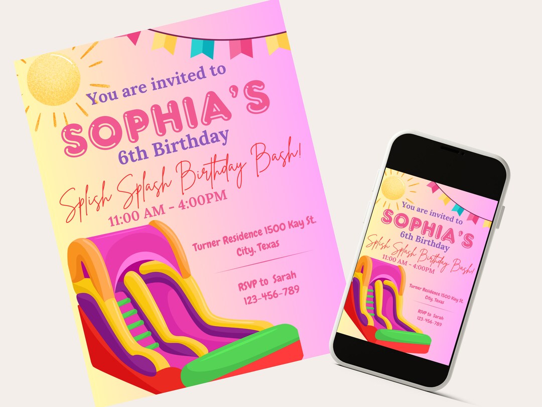Water Slide Invitation, Colorful Party Invite, Water Slide Birthday ...