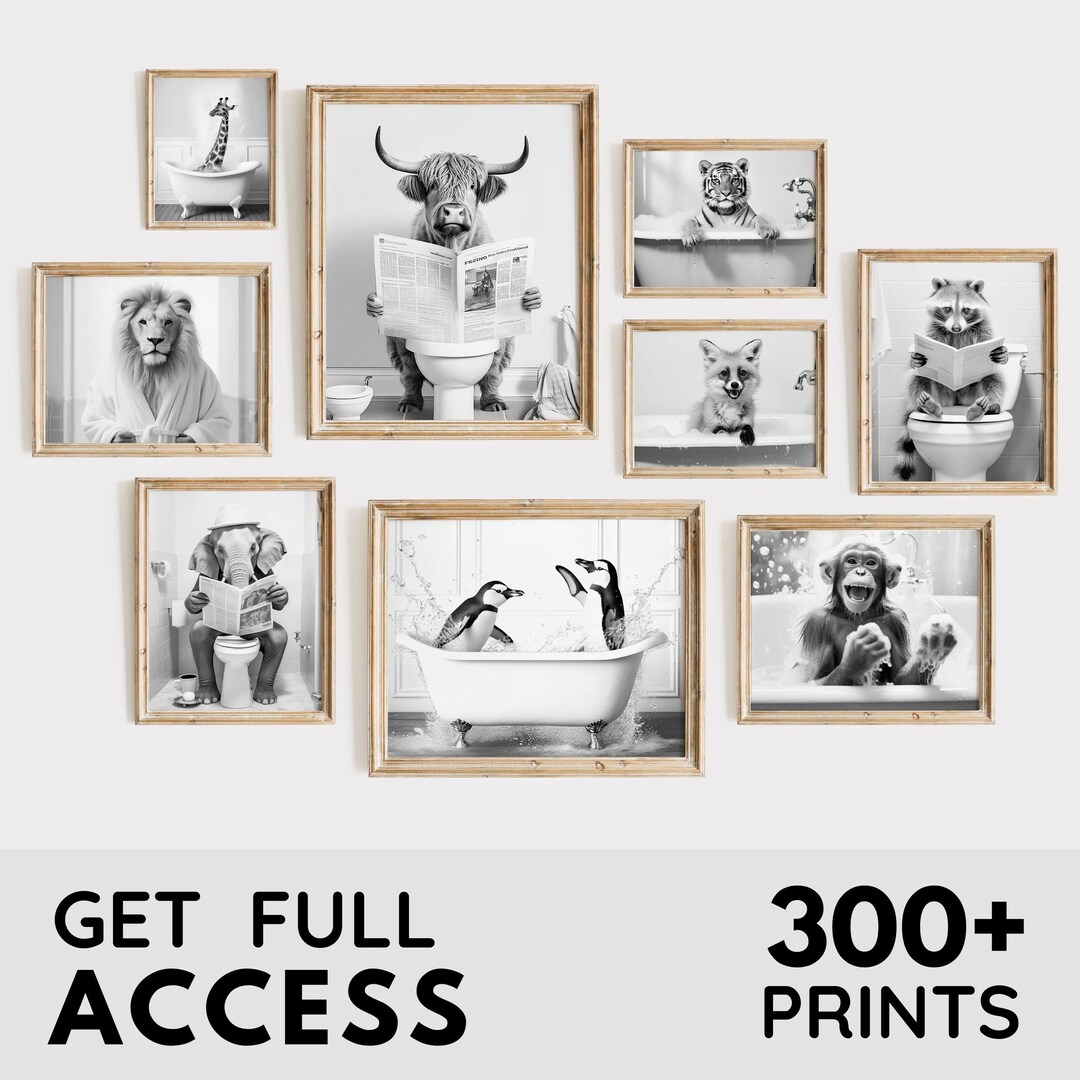 Set of 300 Bathroom Animals Wall Art, Bathroom Prints, Bathroom Decor ...