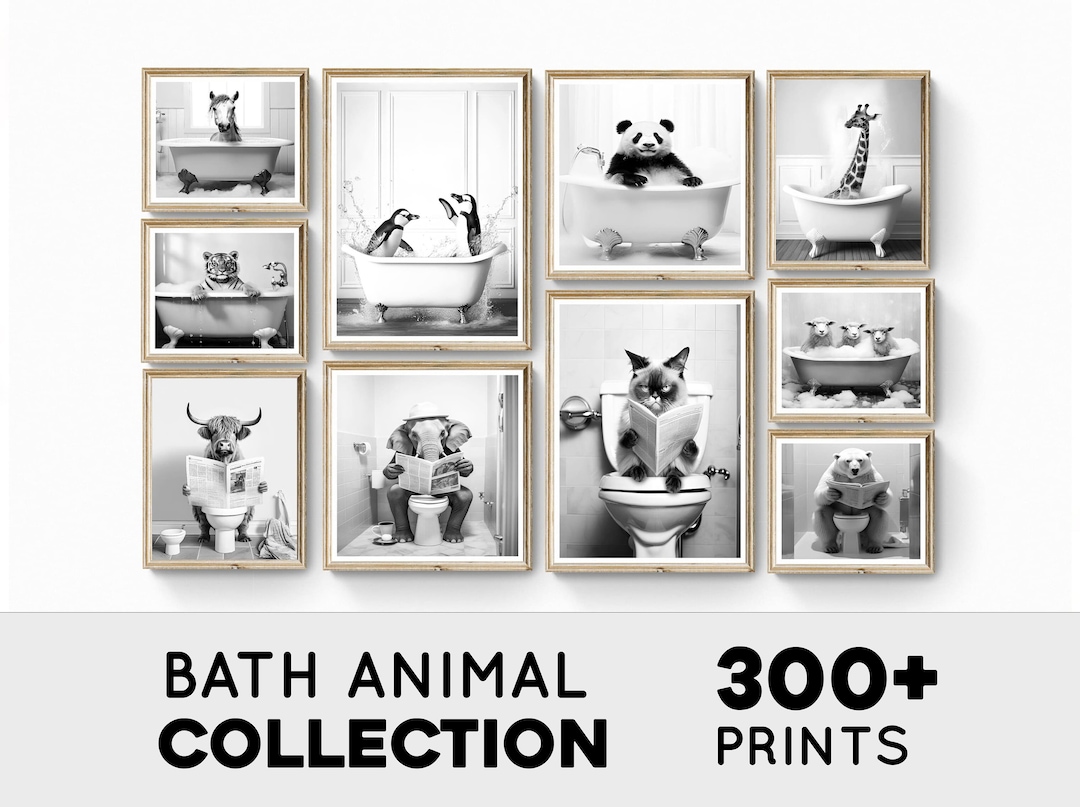 Set of 300 Bathroom Animals Wall Art, Bathroom Prints, Bathroom Decor ...