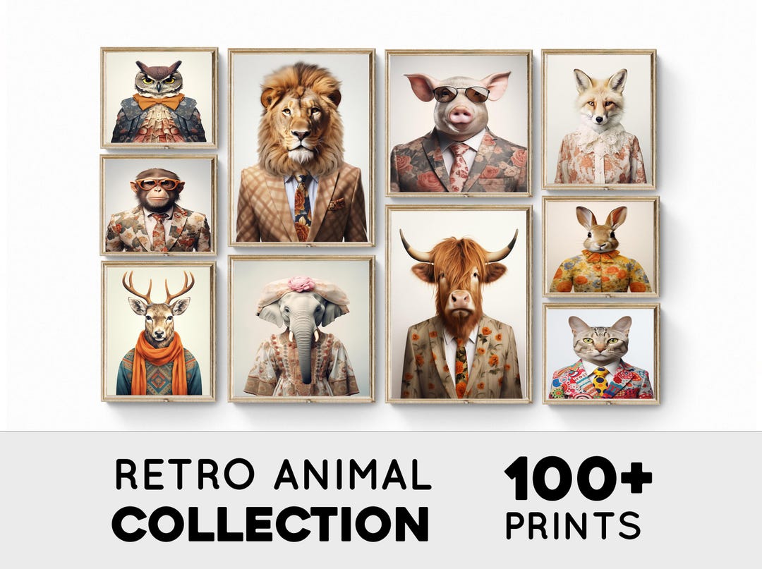 Set of 100 Retro Animals Wall Art, Fashion Animal Prints, Funny Animal ...